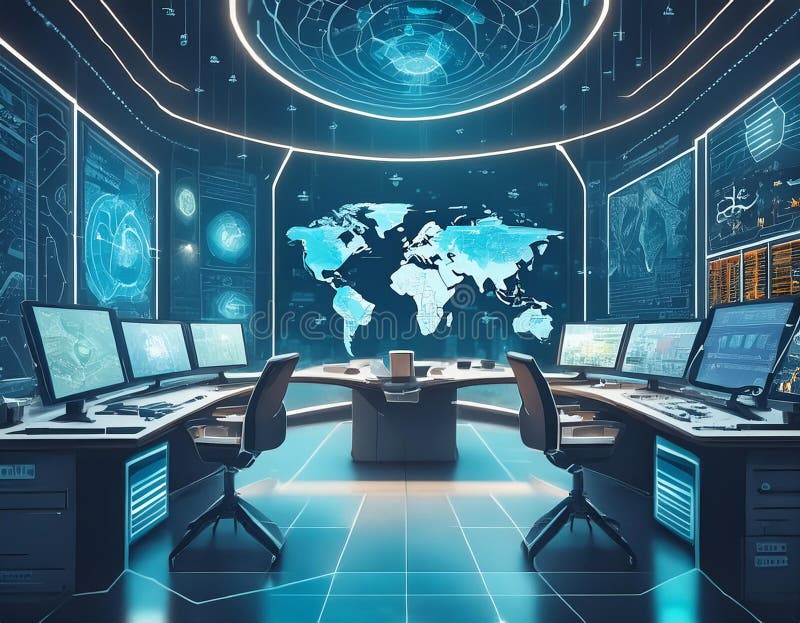 Advanced Command Center with Holograms and World Maps, Concept of High ...
