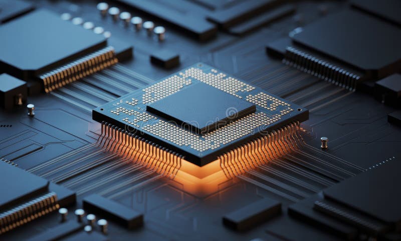 Advanced Computer Microchip on a Circuit Board with Glowing Connections and Detailed Circuitry ...