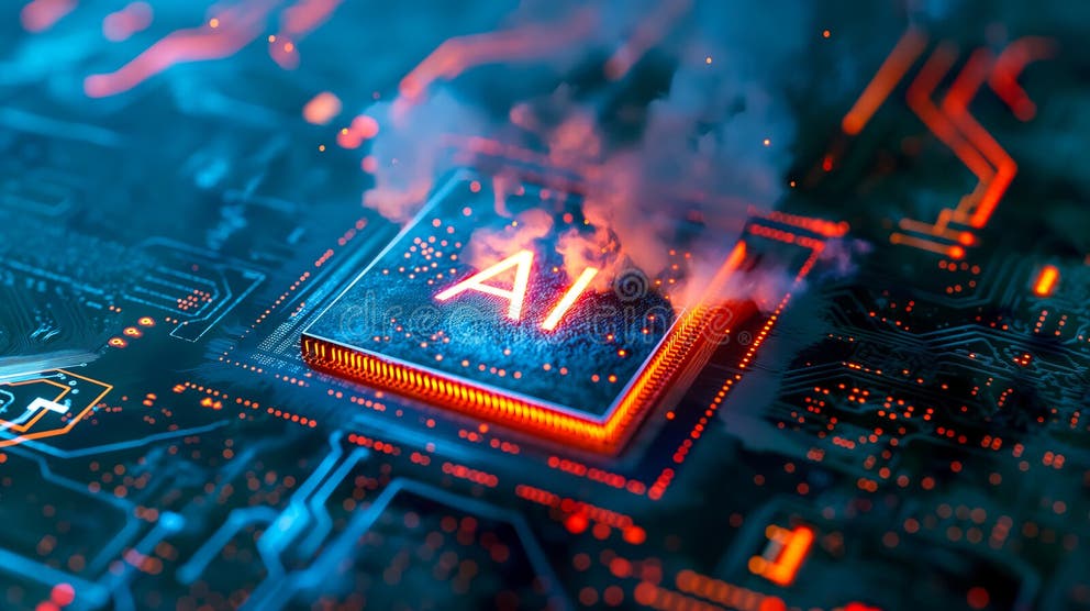 Advanced Computer Processor Chip with AI Acceleration is Burning in Dark Digital Environment ...