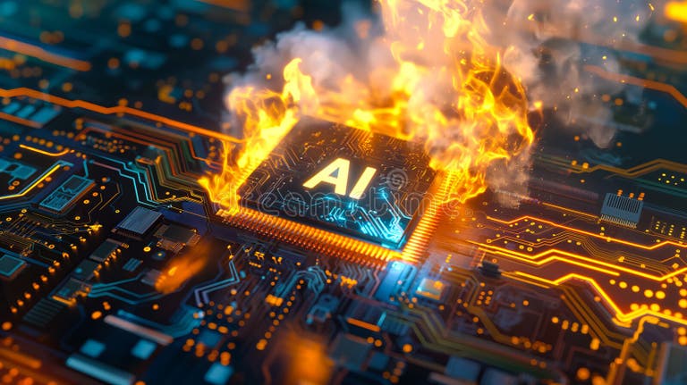 Advanced Computer Processor Chip with AI Acceleration is Burning in Dark Digital Environment ...