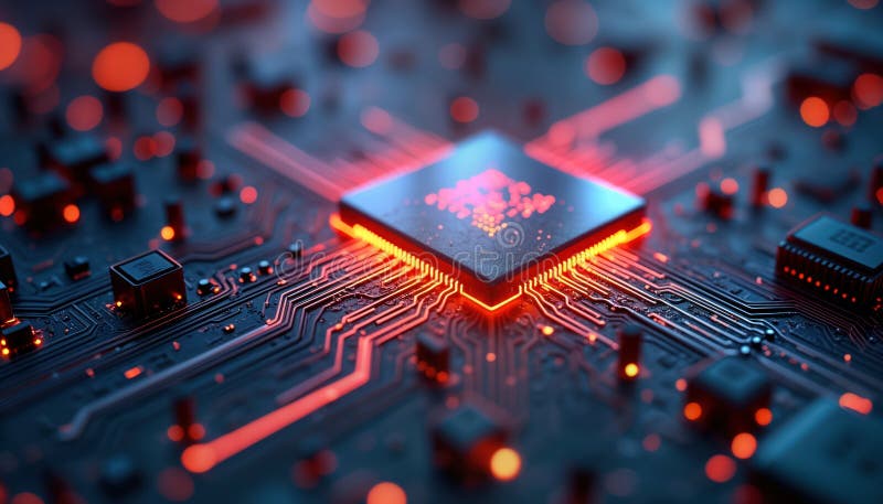 Advanced Computer Tech Board with Glowing Processor. Complex Network ...