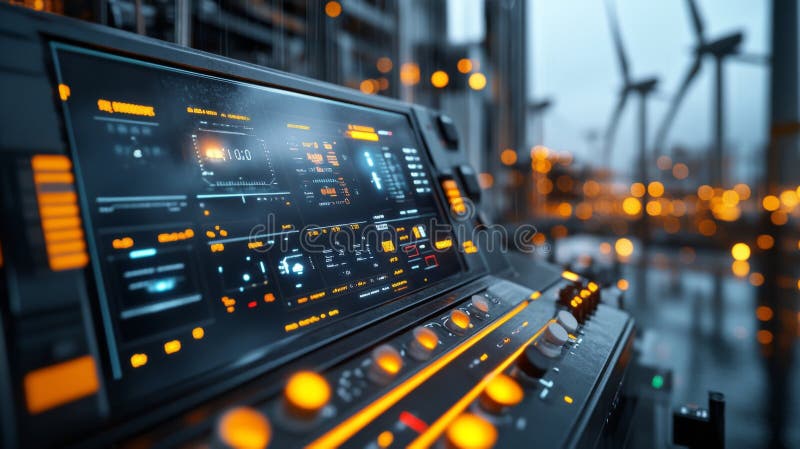 Advanced Control Panel of a Wind Turbine Farm at Dusk, Showcasing High ...