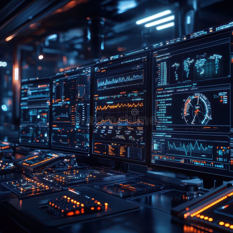 Advanced Control Room with Data Displays and Analytical Graphics Stock ...