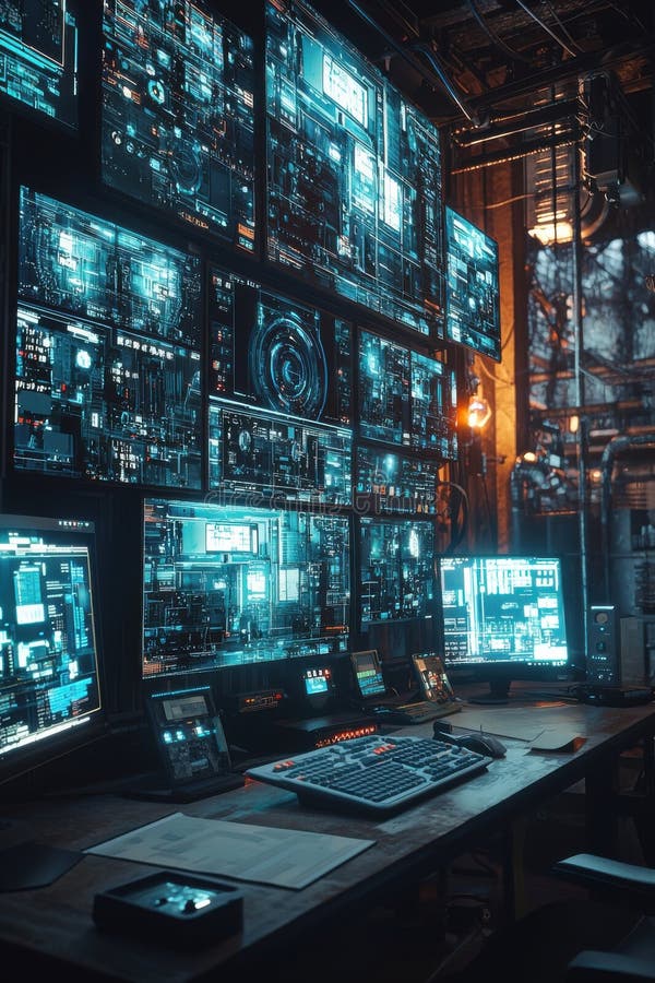 Advanced Control Room Featuring Multiple High-tech Security Monitors ...