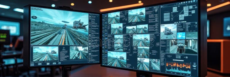 Advanced Control Room with High-tech Dual Monitors Displaying ...