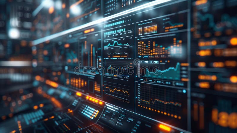 An Advanced Control Room Interface with Multiple Screens Displaying Various Graphs, Data ...