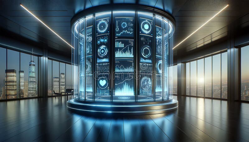 An Advanced Control Room with Panoramic Windows Offering a City View ...