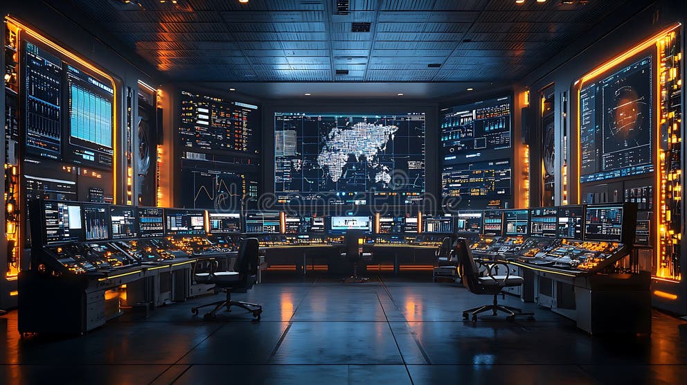 Advanced Control Room with Robotics, Featuring High Tech Screens and ...