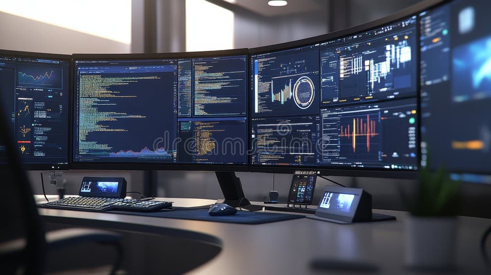 Advanced Cybersecurity Programming Setup with Multiple Monitors Stock ...