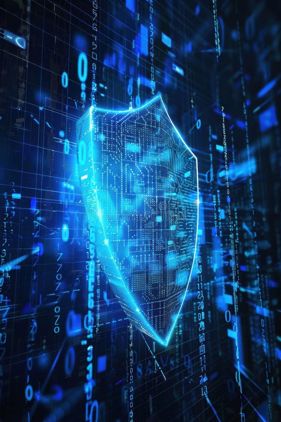 Advanced Cybersecurity Protection Concept with Glowing Blue Shield and Binary Data Streams Stock ...