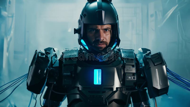 An Advanced Cyborg Navigates through a High-tech Environment ...