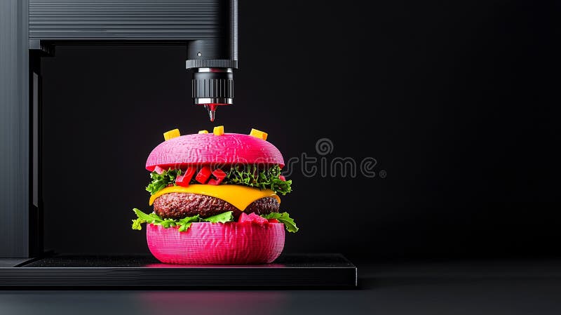 Advanced 3D Printer Assembling a Layered Pink Burger with Fresh Lettuce ...