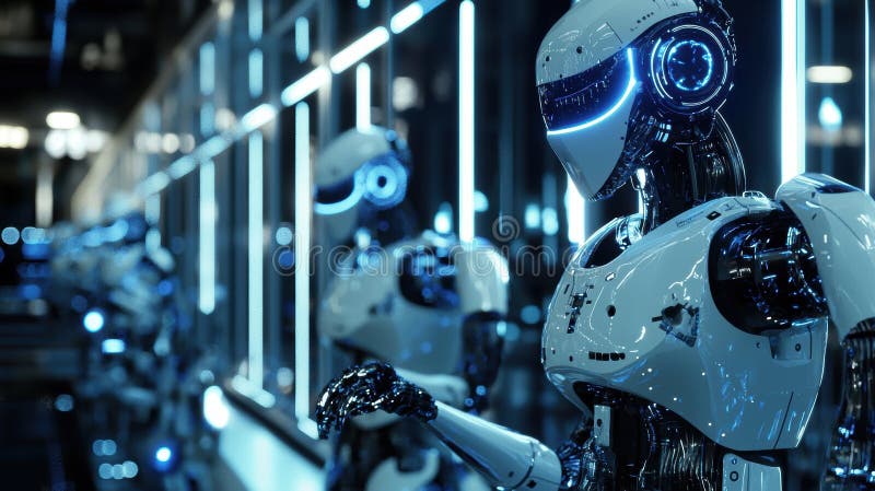 Advanced 3D Robots Collaborating in High-Tech Setting Stock ...