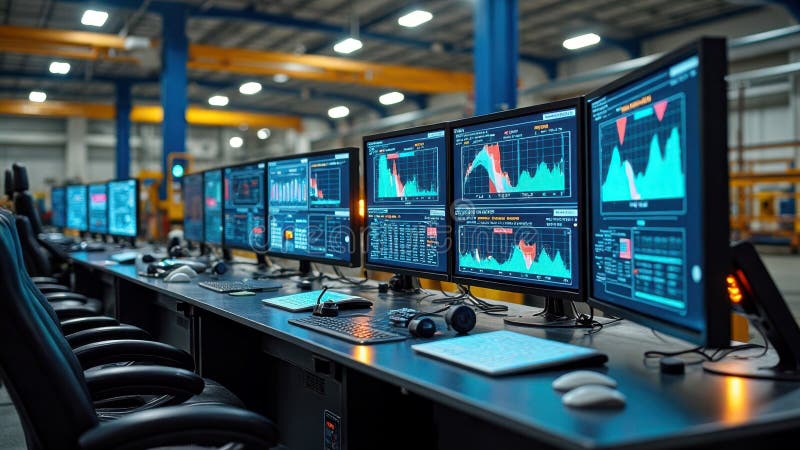 Advanced Data Analysis Center with Multiple Computer Monitors in Industrial Setting Stock Photo ...