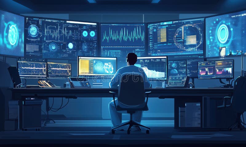 Advanced Data Analysis in High-tech Laboratory with Multiple Screens Displaying Complex Graphs ...