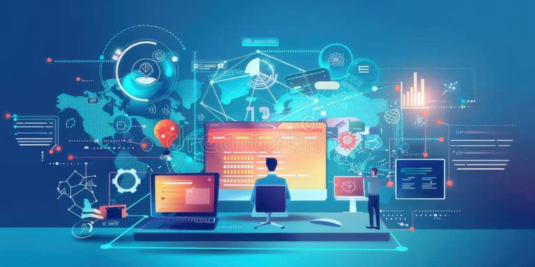 Advanced Data Analysis Workspace with Multiple Screens Displaying Digital Networks and Analytics ...