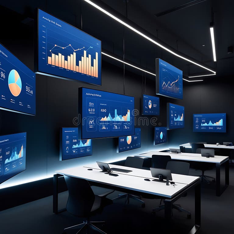 Advanced Data Analytics Center with High-Tech Monitors and Global ...