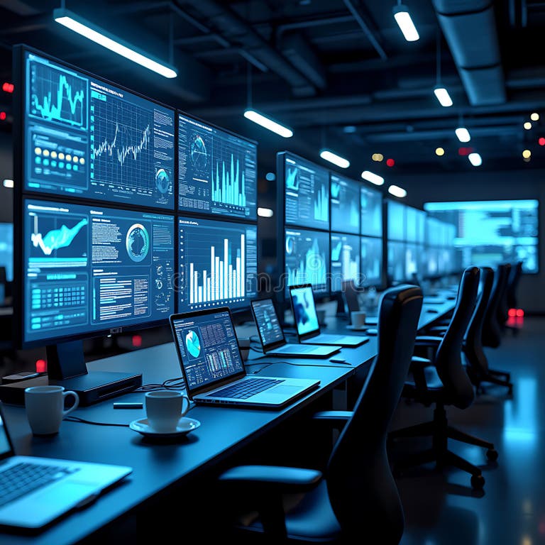 Modern Command Center with Real-Time Global Data Visualization on Multiple Screens Stock ...