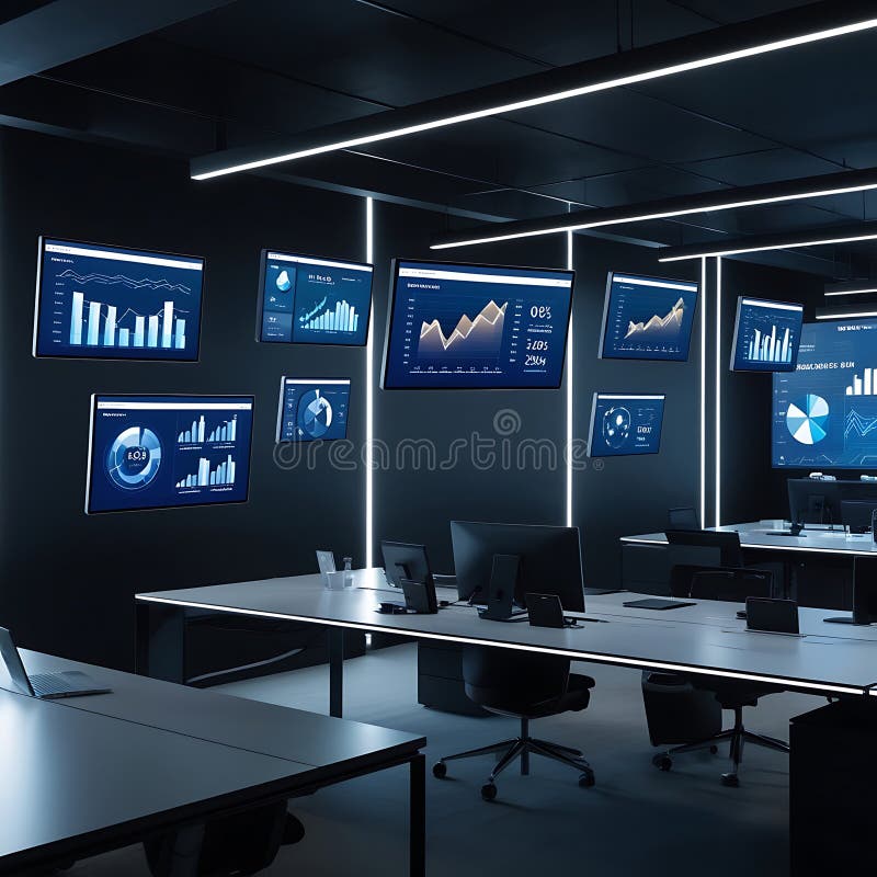 Advanced Data Analytics Center with High-Tech Monitors and Global Projections. Stock ...