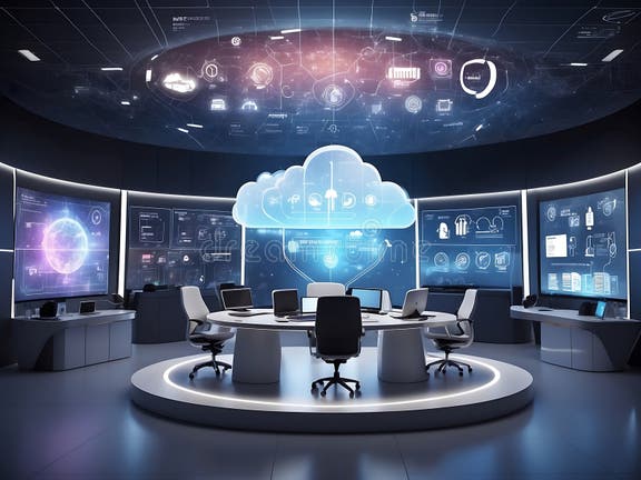 Modern Command Center with Real-Time Global Data Visualization on Multiple Screens Stock ...