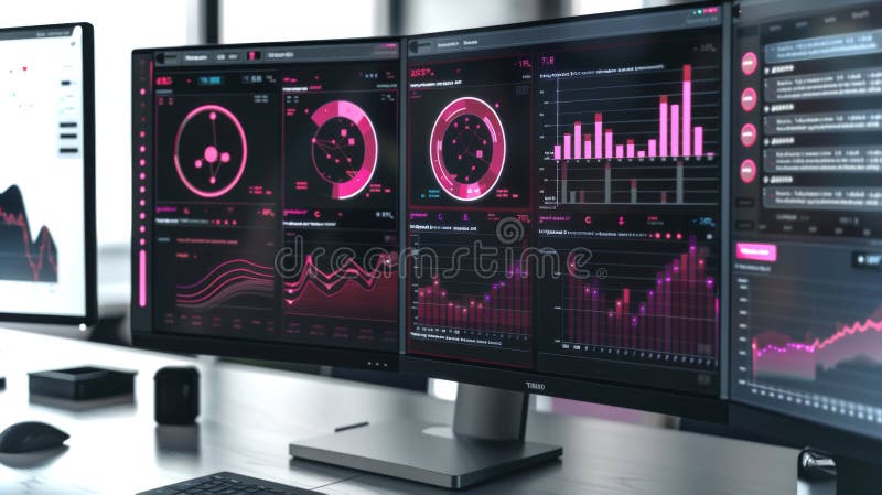 Advanced Data Analytics Setup Featuring Multiple Screens Displaying Graphs and Statistics in a ...