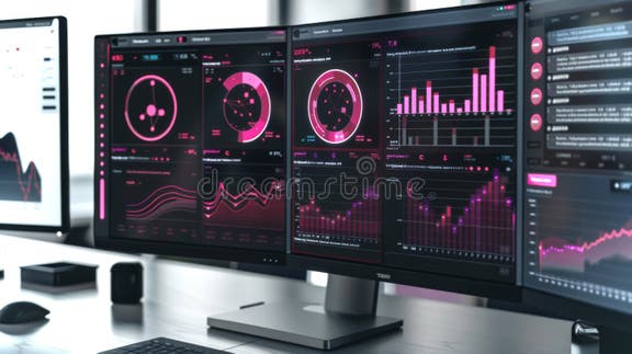 Advanced Data Analytics Setup Featuring Multiple Screens Displaying Graphs and Statistics in a ...