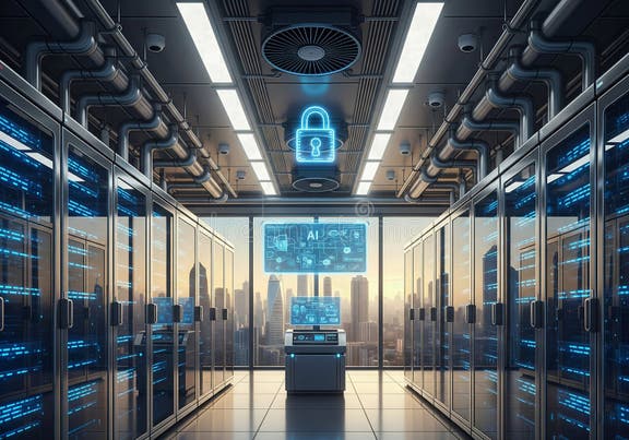 Advanced Data Center with AI Interface and City Skyline View Stock Illustration - Illustration ...