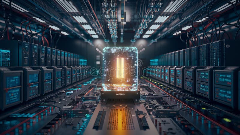 Futuristic Data Center with Glowing AI Core Stock Illustration ...