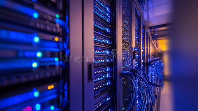 Advanced Data Center with Glowing Server Racks and Complex Wiring Stock ...