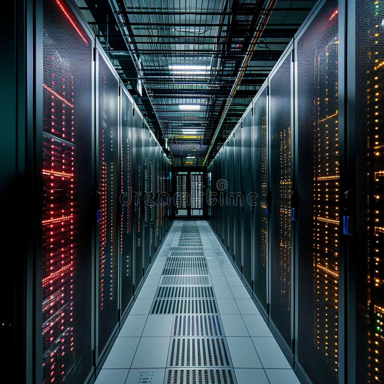 An Advanced Data Center Hallway Illuminated by Colorful Server Lights ...