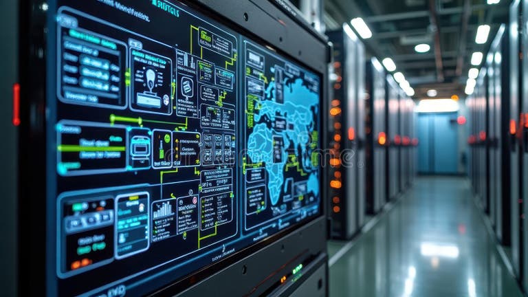 Advanced Data Center: High-tech Server Racks and Digital Information ...