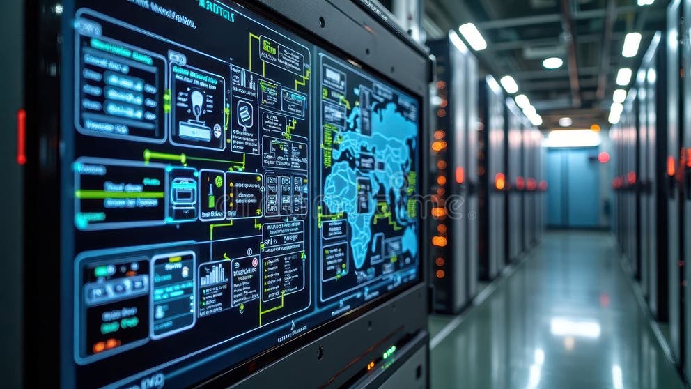 Advanced Data Center: High-tech Server Racks and Digital Information ...