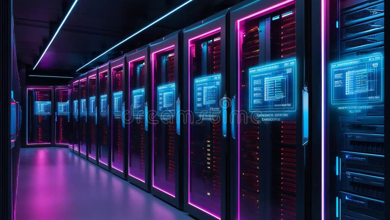 Advanced Data Center with Neon Lit Server Racks and Holographic Network ...