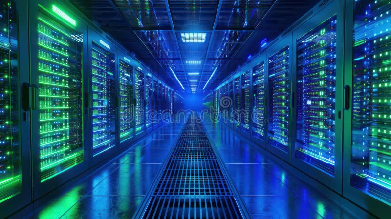 Advanced Data Center with Rows of Blue and Green LED Servers for High ...