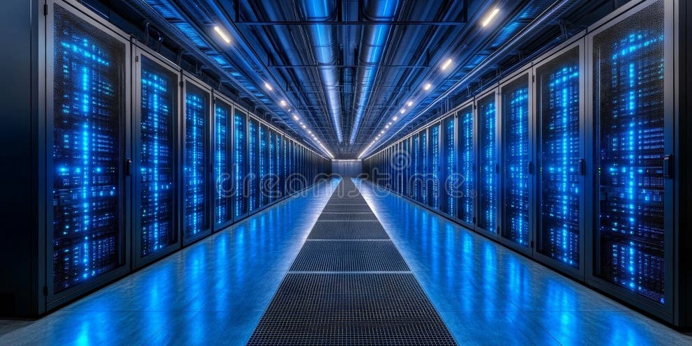 Advanced Data Center with Server Racks and LED Lighting for Digital ...