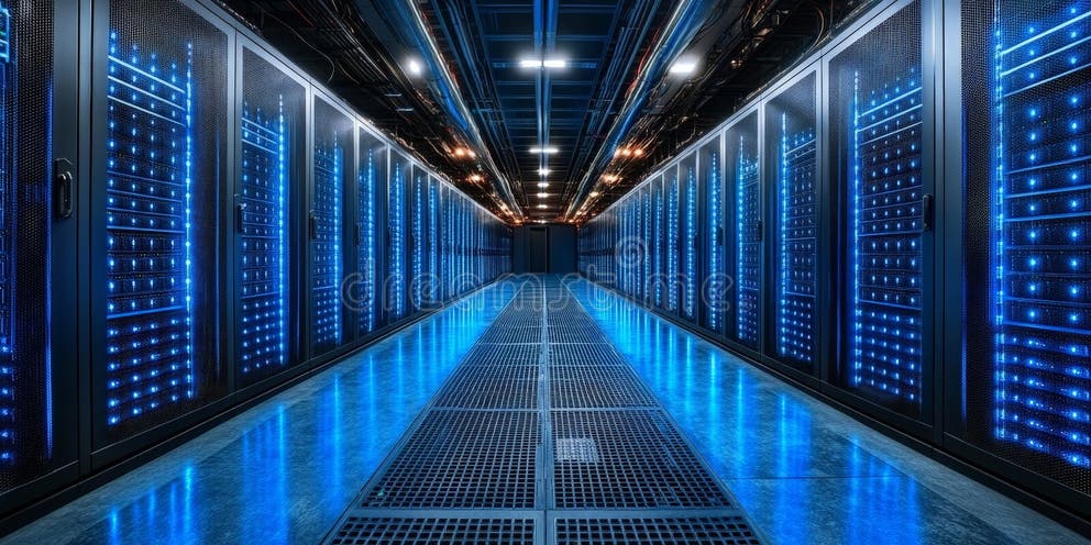 Advanced Data Center with Server Racks and LED Lighting for Digital Infrastructure Stock ...