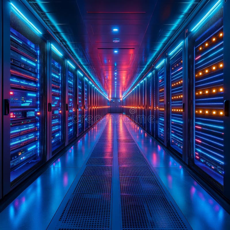 Advanced Data Center with Server Racks and LED Lighting for Digital ...