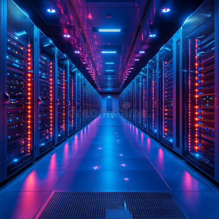 Advanced Data Center with Server Racks and LED Lighting for Digital ...