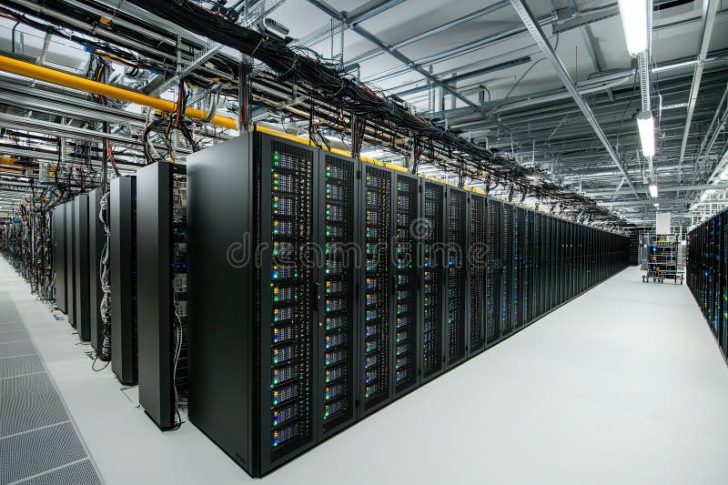 Advanced Data Center Showcasing Rows of Servers with Security Measures ...