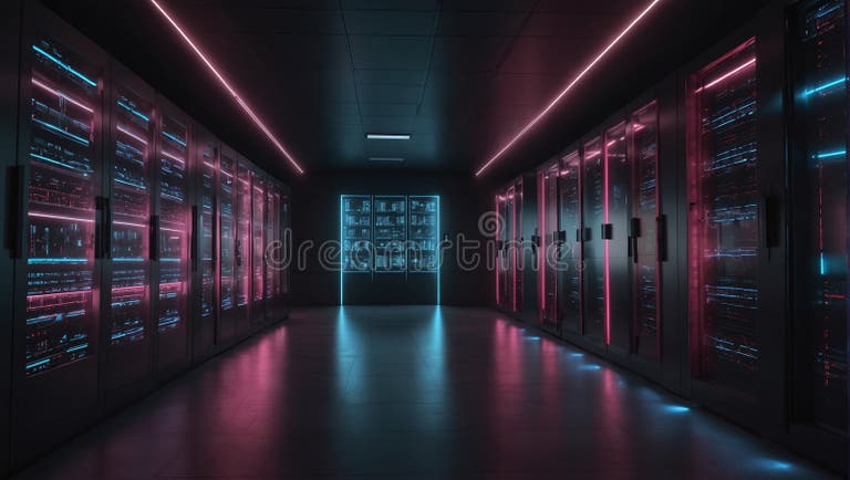Advanced Data Center with Vibrant Neon Pink and Blue Lighting on Server ...