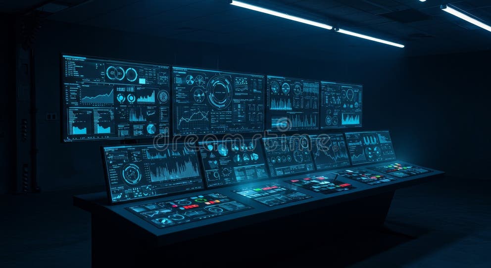 Advanced Data Monitoring System Futuristic Control Room with Multiple Screens Displaying Complex ...