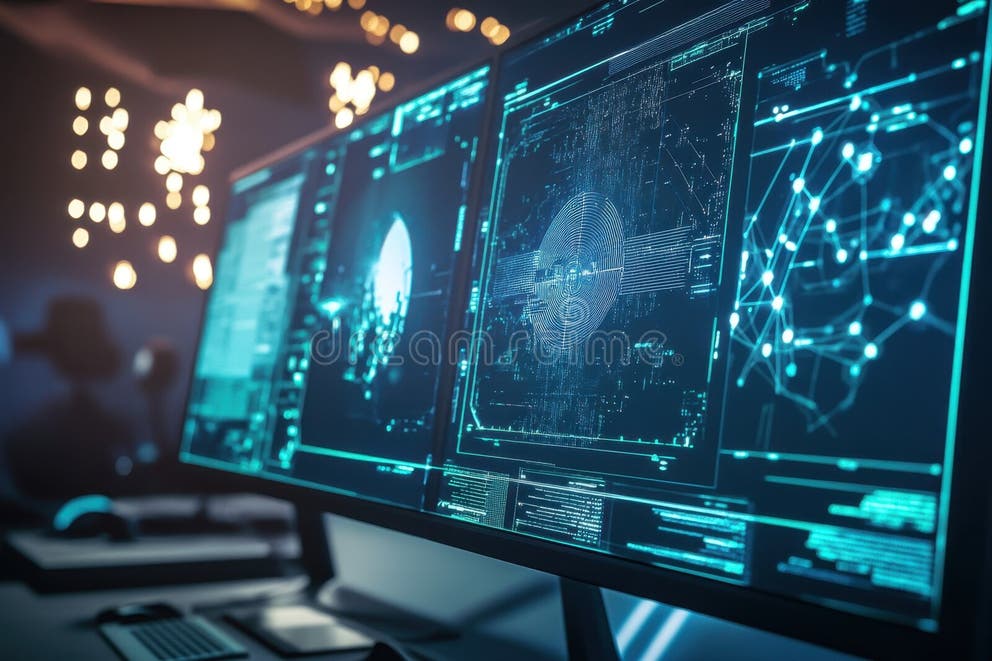 Advanced Data Visualization on Multiple Screens in a Modern Tech Workspace at Night Stock ...