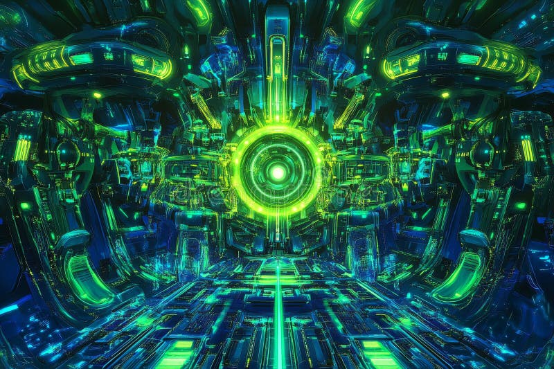 Advanced Digital Art Featuring a Glowing Green and Blue Interface with ...