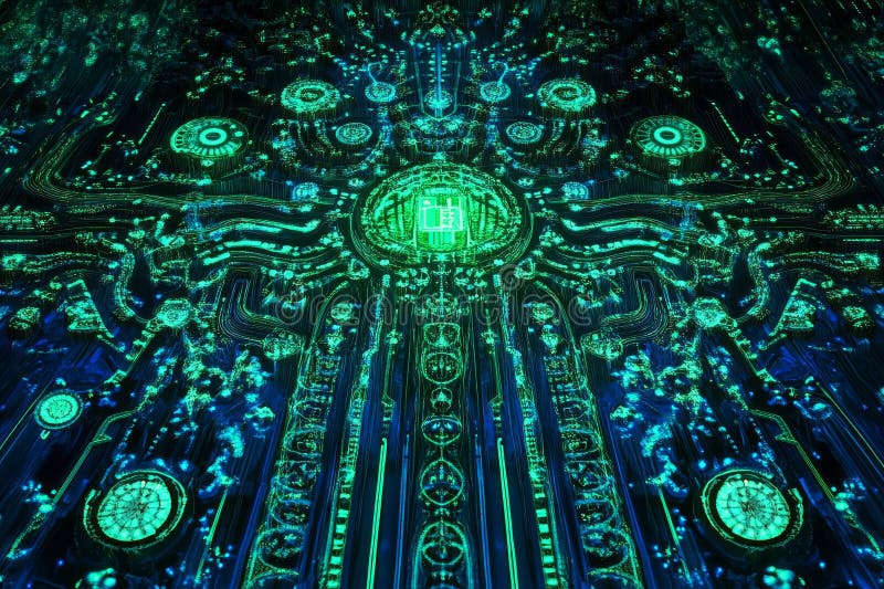 Advanced Digital Art Featuring a Glowing Green and Blue Interface with ...