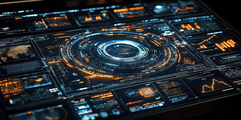 Advanced Digital Interface Displaying Complex Data Visualizations and Analytics in a Futuristic ...
