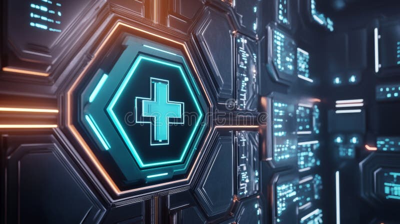 An Advanced Digital Interface with an Illuminated Plus Sign Stock Photo ...