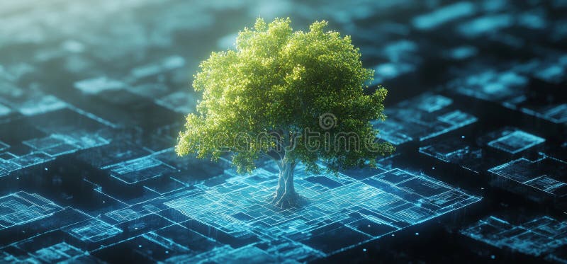 An Advanced Digital Landscape Displaying a Tree Equipped with a Tech ...