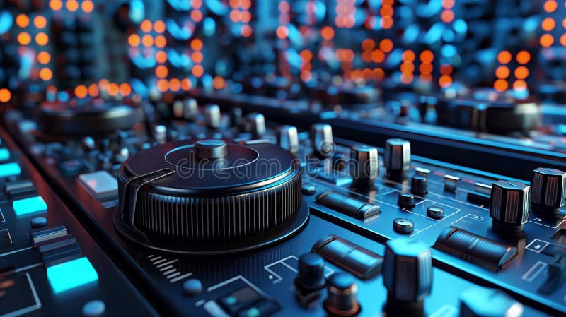 Advanced DJ Mixer Console with Neon Blue Accents Stock Image - Image of ...