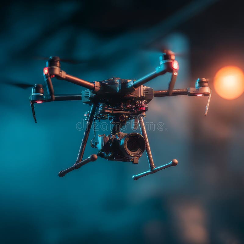 Advanced Drone with Camera in Flight Captures Nighttime Urban Scene ...