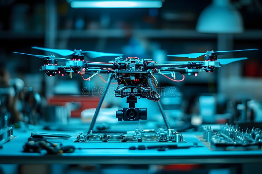 Advanced Drone with Camera on Workshop Table in Laboratory Setting ...
